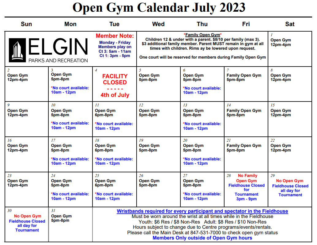 Open Gym Fees/Schedule